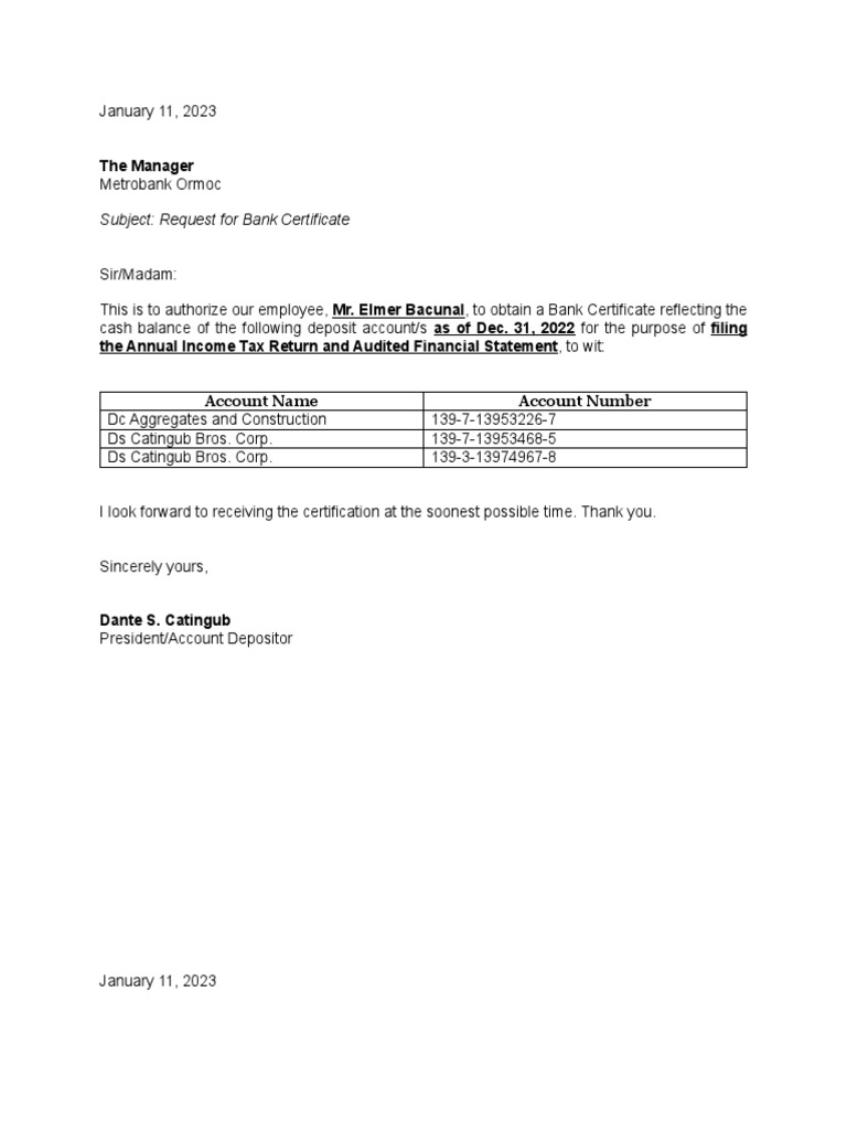 Bank Certificate Request Samples | PDF