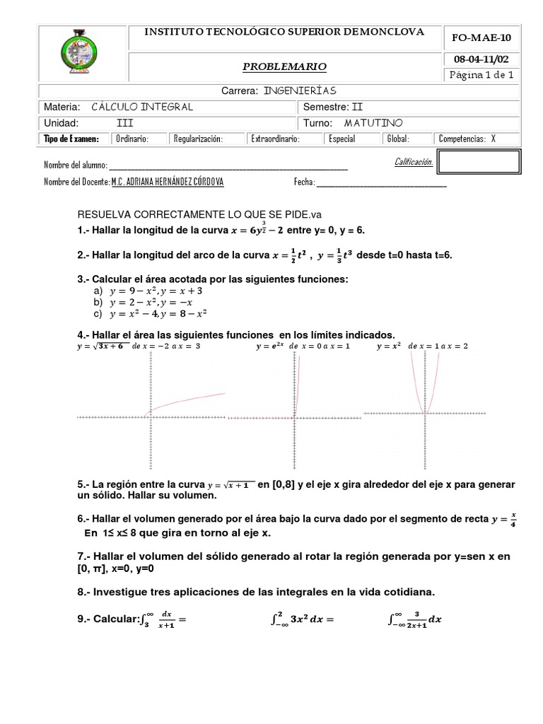 Problemario Unidad 3 Cálculo Integral | PDF | Integral | Análisis matemático