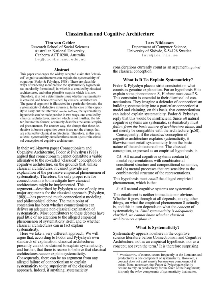 Classicalism and Cognitive Architecture: Tim Van Gelder Lars Niklasson ...
