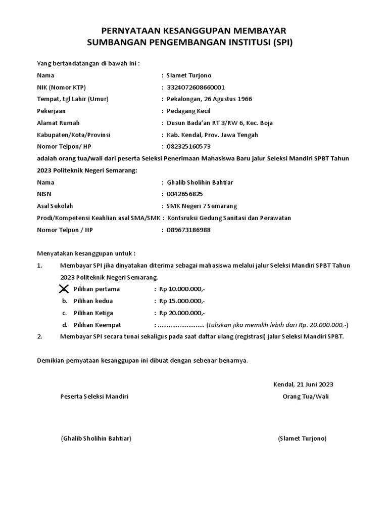 Surat pernyataan SPI | PDF