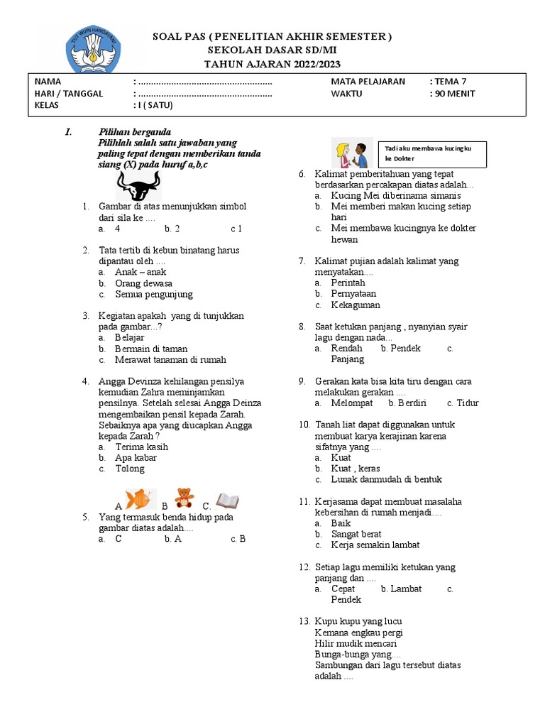 SOAL UJIAN KELAS 1 Print | PDF