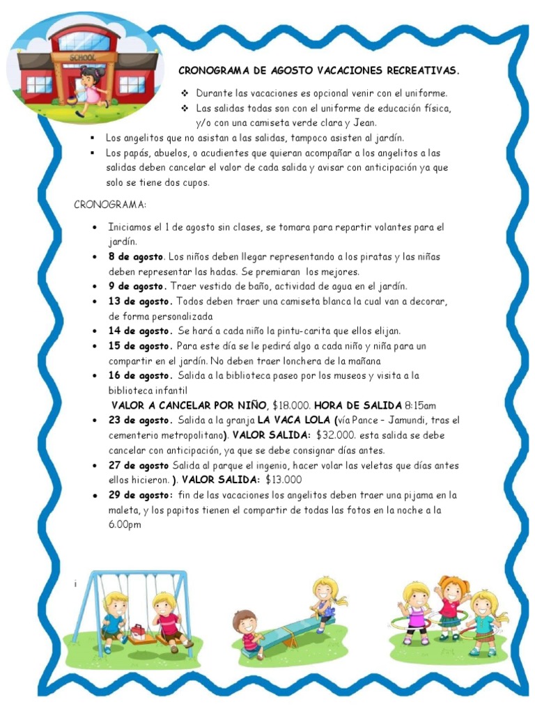 Actividades Del CRONOGRAMA VACACIONES | PDF