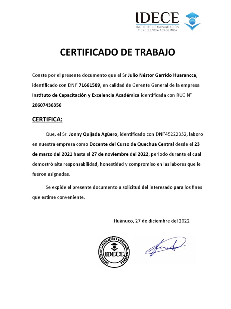 Modelo de Certificado de Trabajo Word | PDF