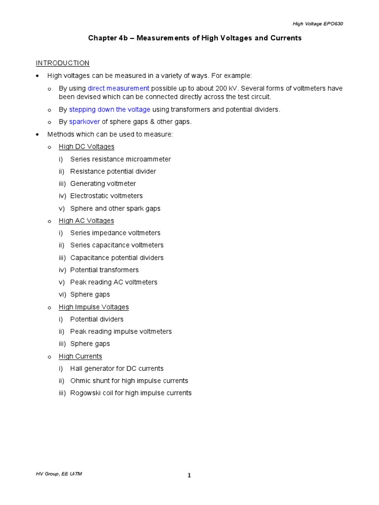 EPO630 - Chapter 4b - Measurements of HV and Currents | PDF | Voltage | Capacitor