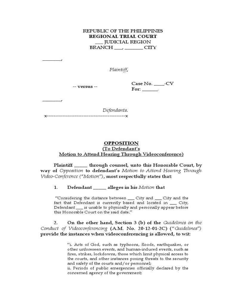 Opposition To Motion For Videoconferencing | PDF | Lawsuit | Common Law
