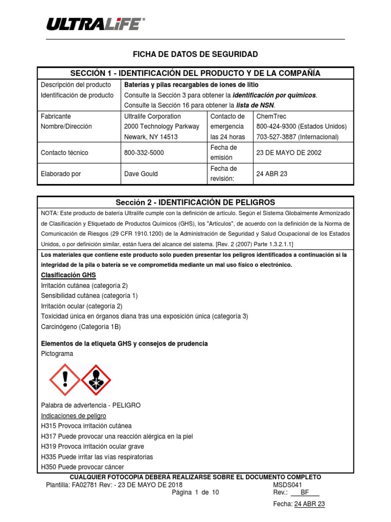 SDS Li-Ion Spanish Latin American | PDF | Agua | Cobalto
