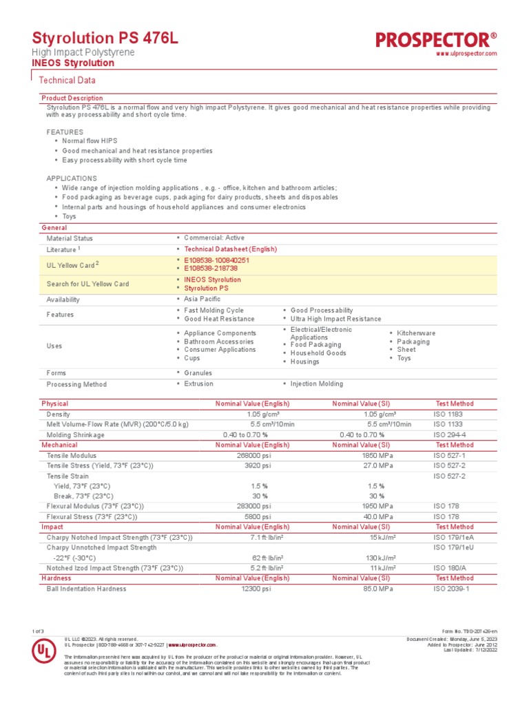 Styrolution PS 476L | PDF | Ultimate Tensile Strength | Polystyrene