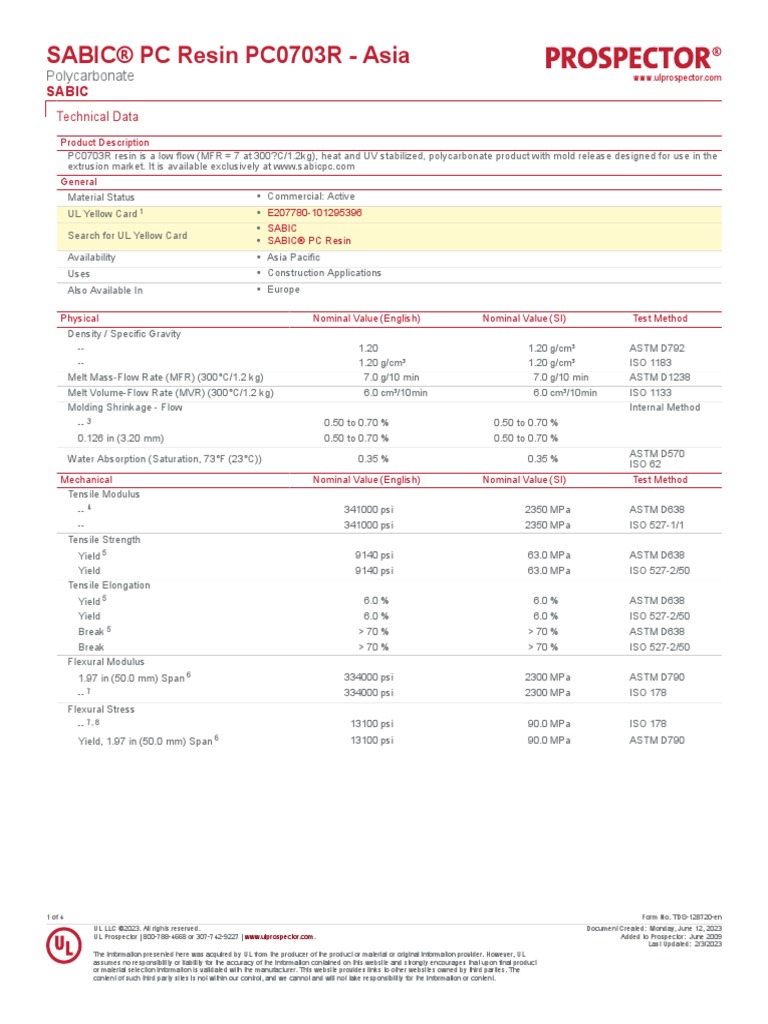 SABIC® PC Resin PC0703R - Asia | PDF | Pascal (Unit) | Density