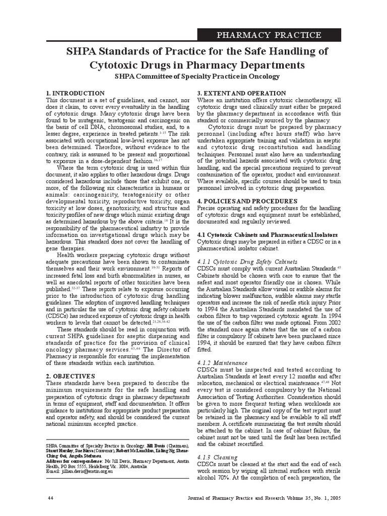 Shpa Standards of Practice For The Safe Handling of Cytotoxic DR 2005 ...
