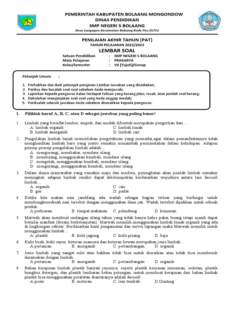 SOAL PAT PRAKARYA KELAS 7 SEM 2 Fix | PDF