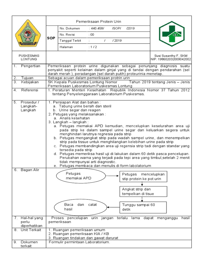 SOP Pemeriksaan Protein Urin | PDF | Kesehatan Holistik | Sains & Matematika