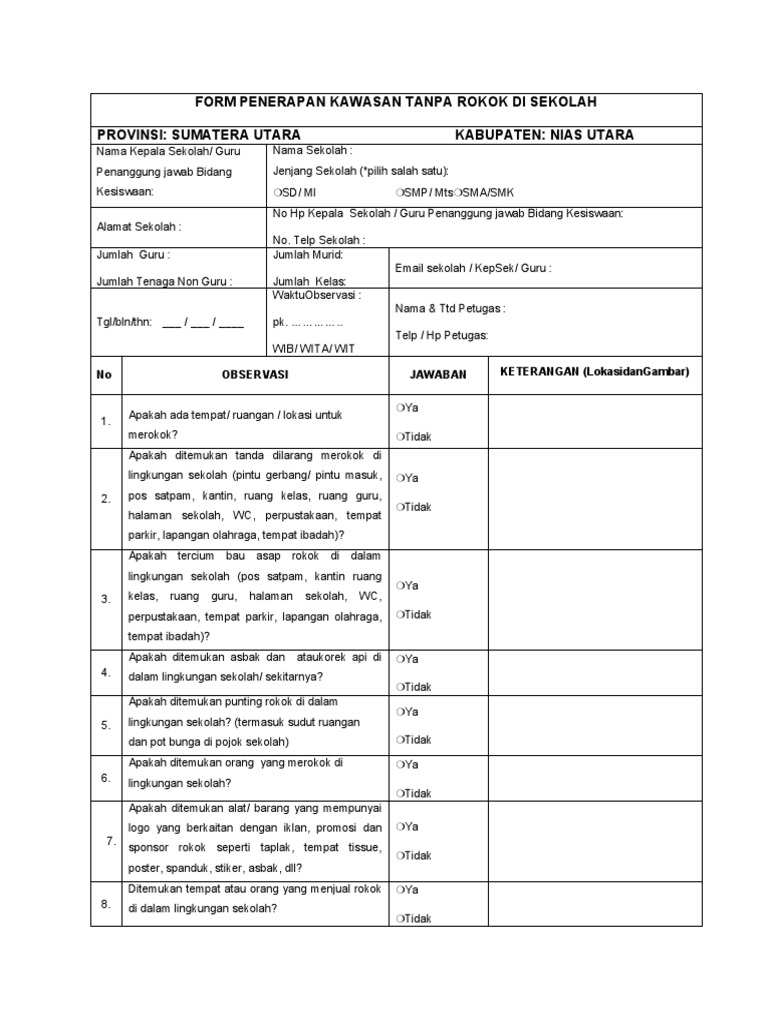 Form Penerapan Kawasan Tanpa Rokok Di Sekolah | PDF