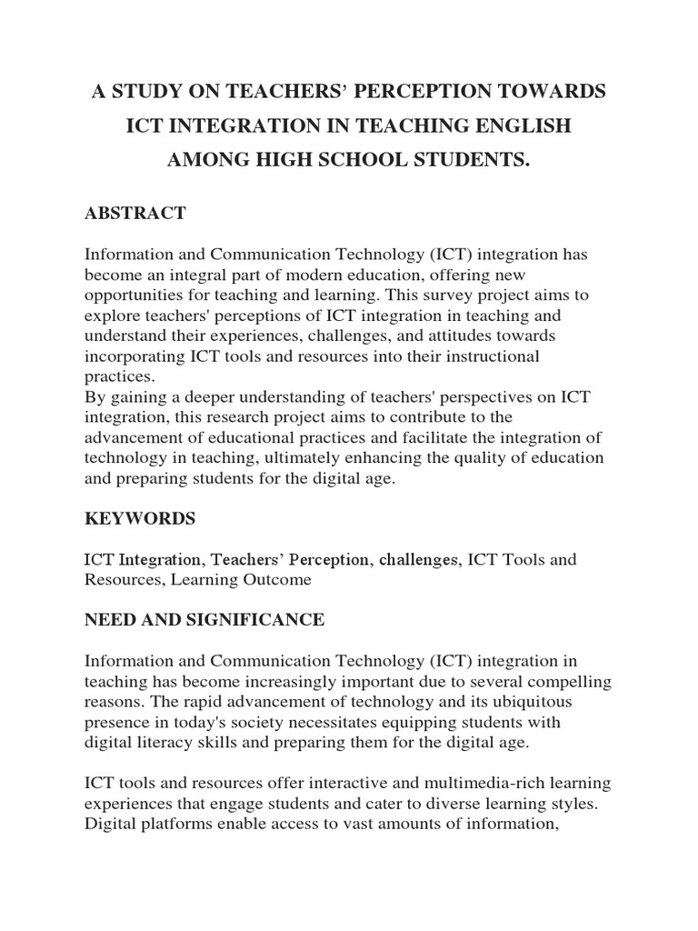 A Study On Teachers' Perception of Ict Integration in Teaching English ...