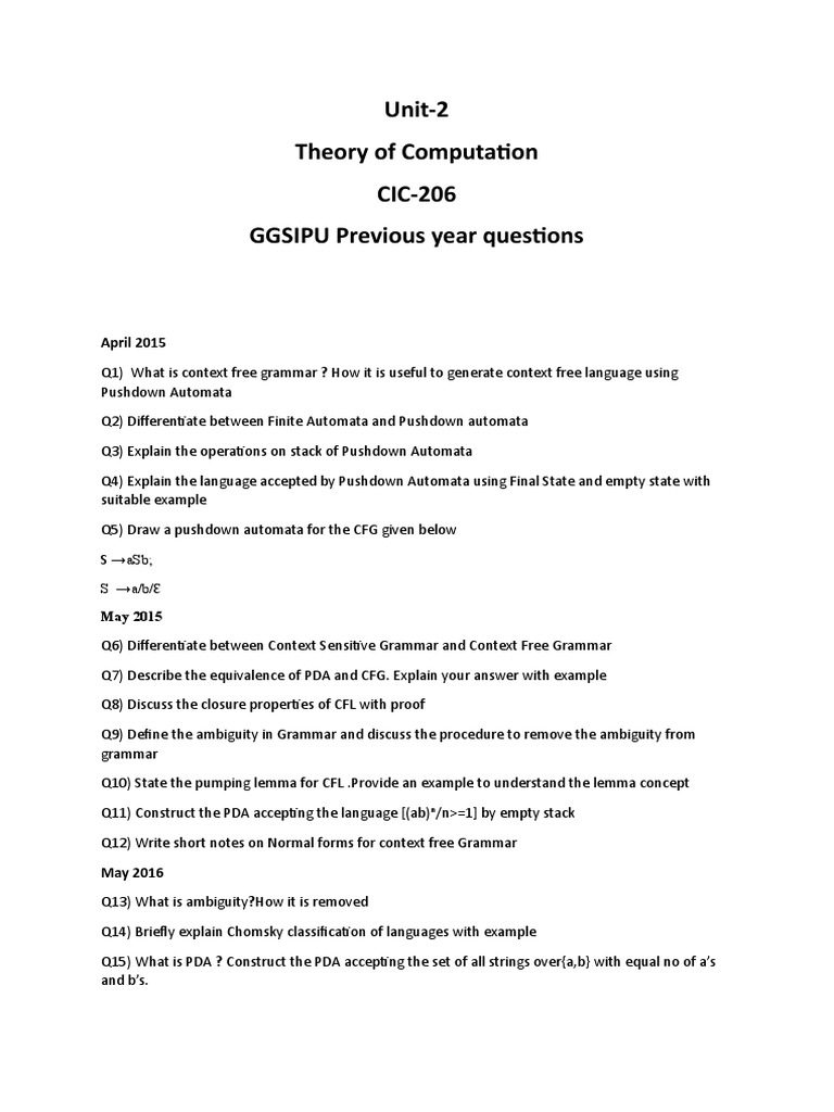Unit-2 (TOC) GGSIPU Previous Year Questions | PDF | Syntax | Linguistics