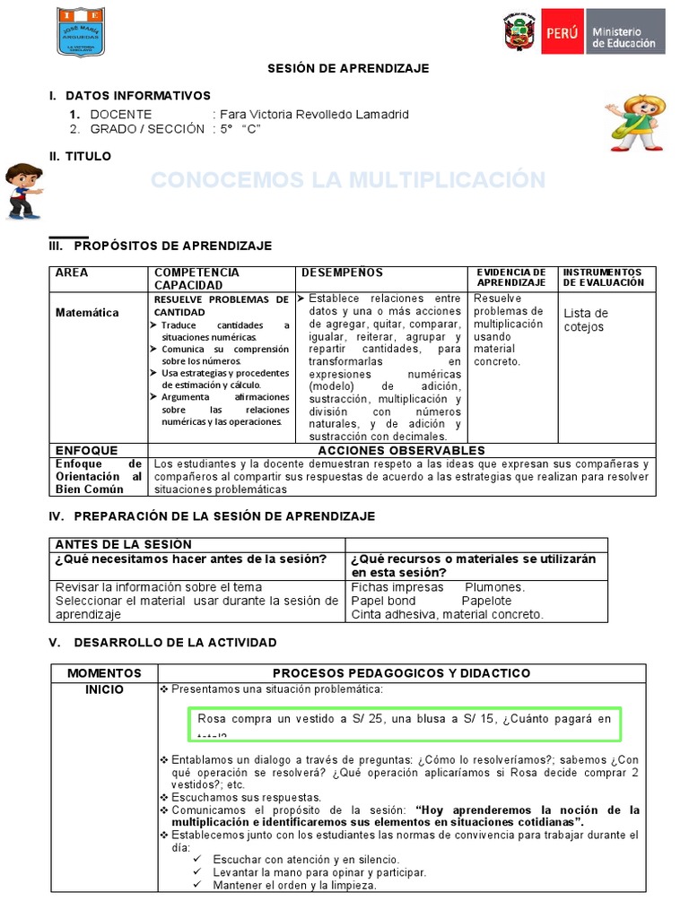 Sesion de Aprendizaje 5° Conocemos La Multiplicación | PDF