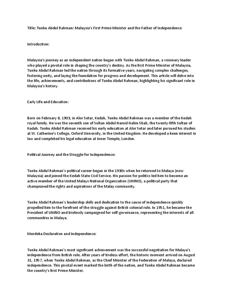 Tunku Abdul Rahman - Malaysia's First Prime Minister and The Father of Independence | PDF ...