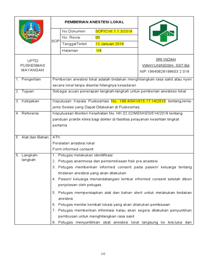 Sop Pemberian Anestesi Lokal Di Puskesmas | PDF | Sains & Matematika