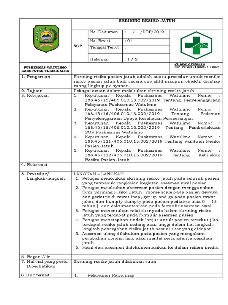 SOP SKRINING RESIKO JATUH PASIEN Fix | PDF | Kesehatan Holistik | Sains & Matematika