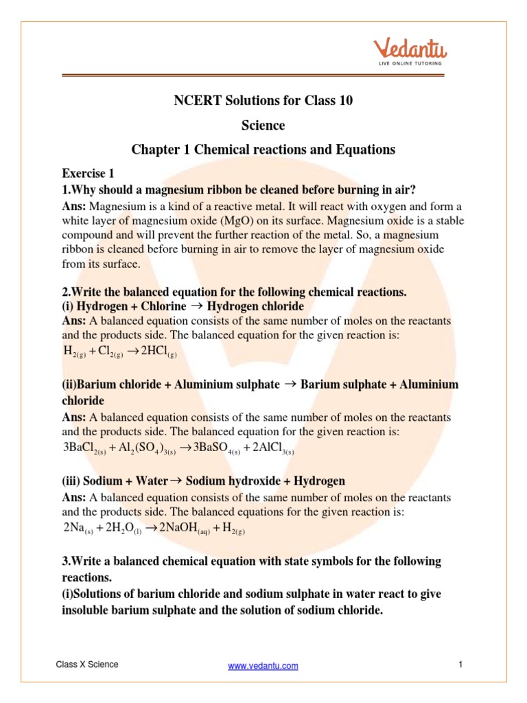 NCERT Solutions For Chemical Reactions and Equations | PDF | Chemical Reactions | Chlorine