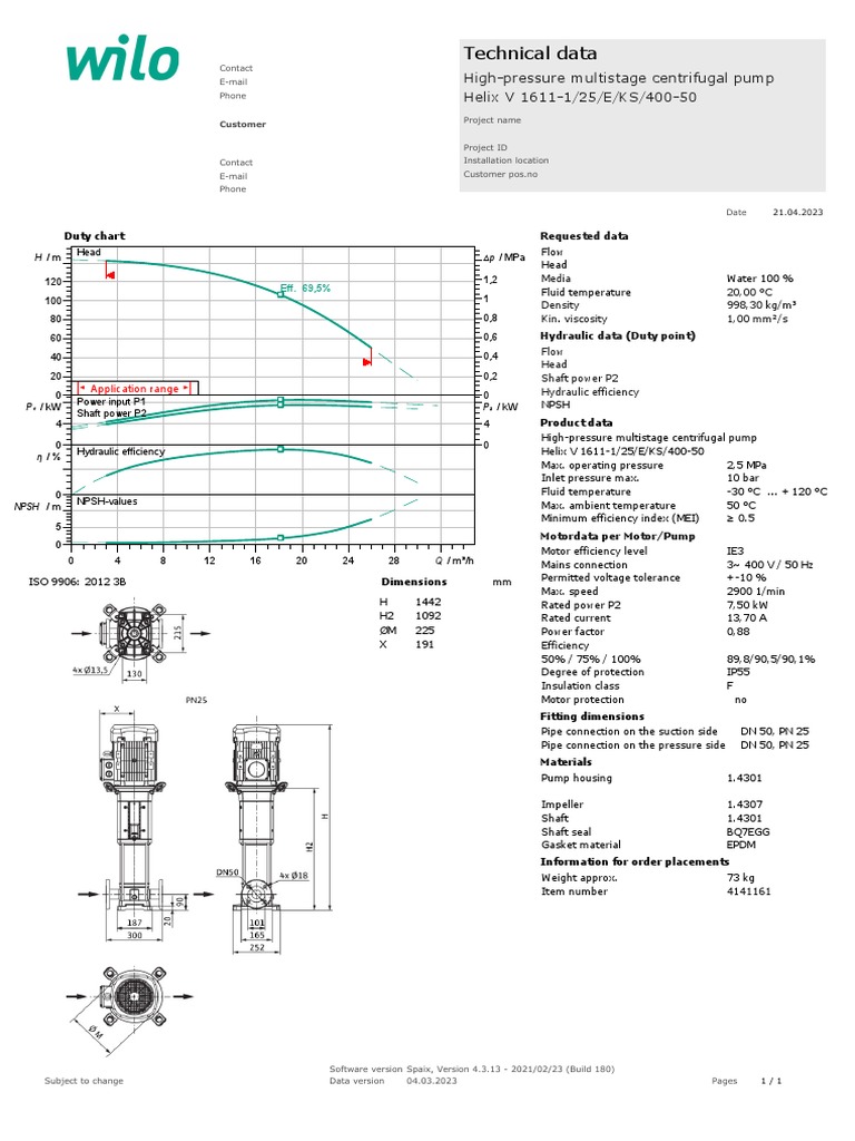 Data Sheet Helix V 1611-1 25 E KS 400-50 | PDF | Pump | Chemical Engineering