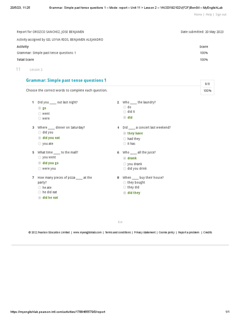 Grammar - Simple Past Tense Questions 1 - Mode - Report - Unit 11 - Lesson 2 - YAC03192102V (F2F ...