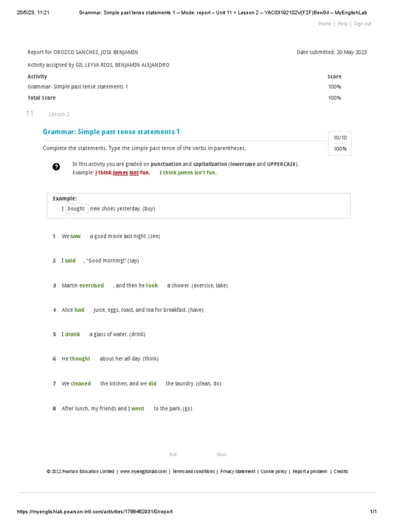Grammar - Simple Past Tense Statements 1 - Mode - Report - Unit 11 ...