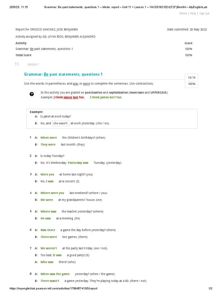 Grammar - Be Past Statements, Questions 1 - Mode - Report - Unit 11 - Lesson 1 - YAC03192102V ...