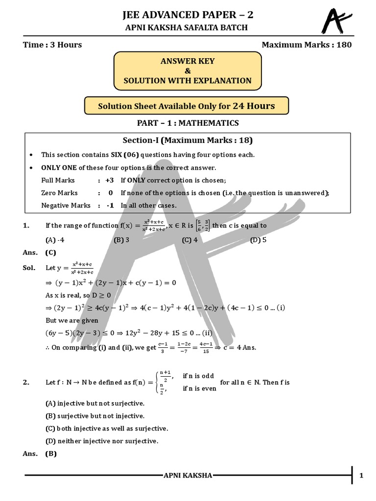 Answer Key & Solution Explanation, JEE Advanced Paper - 2 Safalta | PDF | Function (Mathematics ...