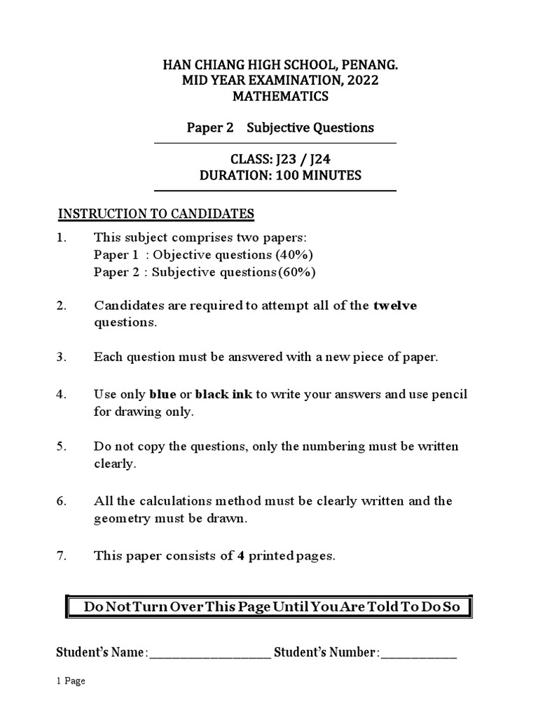 Mid-Year Mathematics Exam Paper 2022 | PDF | Mathematics