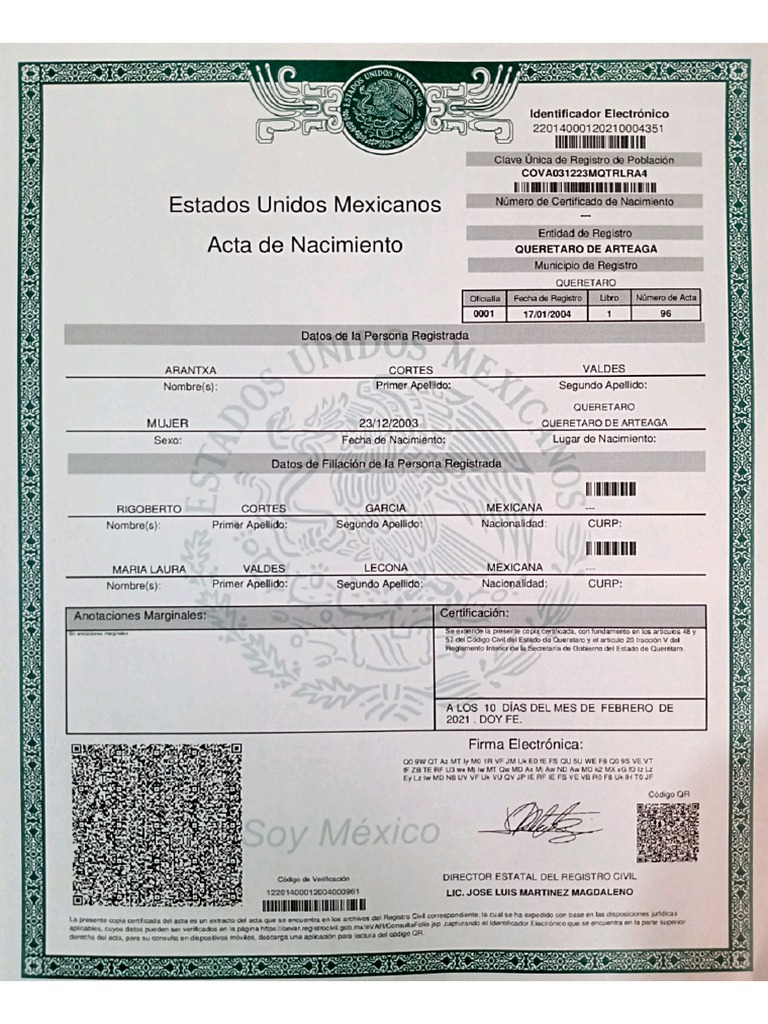 Acta de Nacimiento | PDF