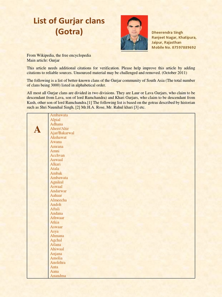 Comprehensive Gurjar Clan List | PDF