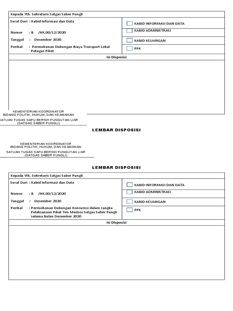 Contoh Lembar Disposisi Surat Resmi | PDF