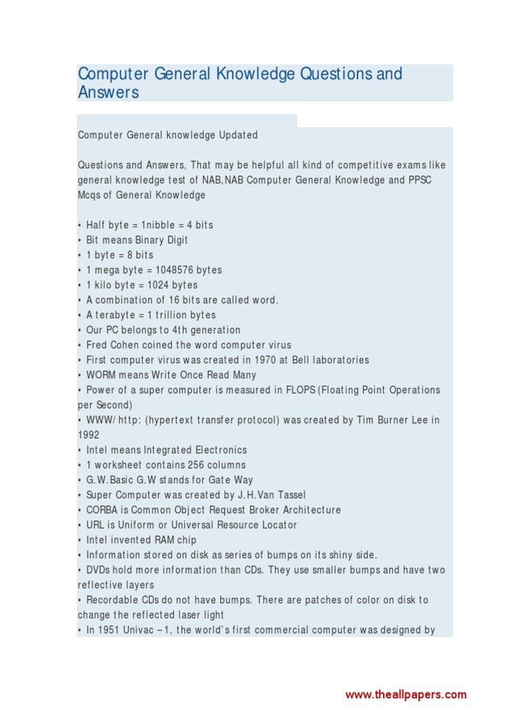 Computer General Knowledge Questions and Answers | PDF | Microprocessor | Byte