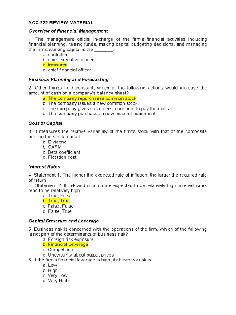 ACC 222 Final Exam Review Guide | PDF | Finance & Money Management