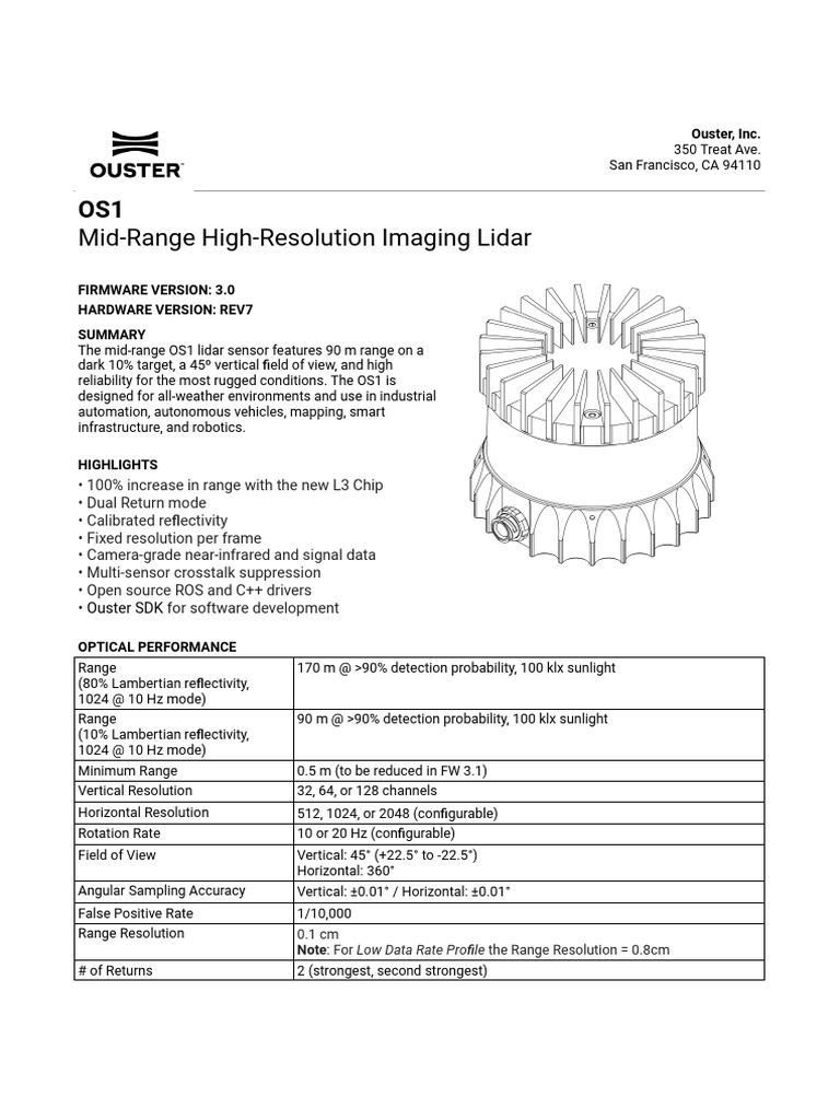 Ouster OS1 Lidar Sensor Rev7 Specs | PDF | Lidar | Computing