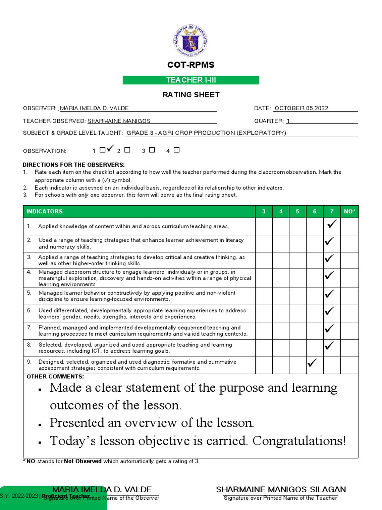 C 02 COT RPMS Rating Sheet For T I III For SY 2022 2023 | PDF ...