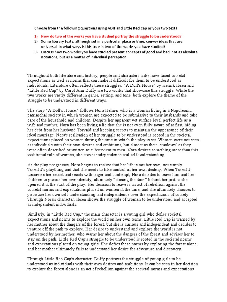 Choose from the following questions using ADH and Little Red Cap as your two texts | PDF | A ...