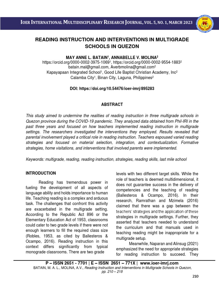 Reading Instruction and Interventions in Multigrade Schools in Quezon | PDF | Teachers | Learning