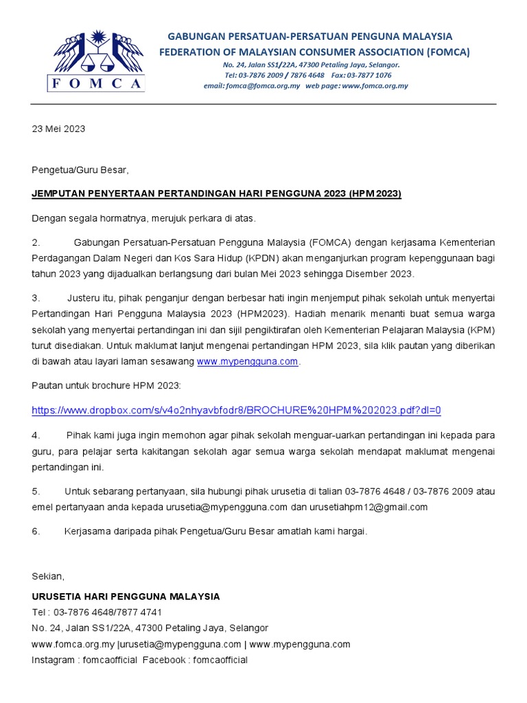 Surat Jemputan Penyertaan Pertandingan Hari Pengguna 2023 (HPM 2023 ...