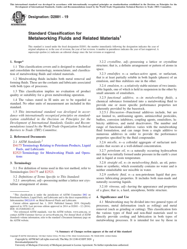 Metalworking Fluids and Related Materials: Standard Classification For ...