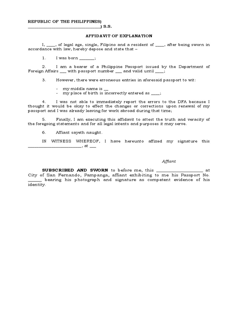 Affidavit of Explanation - Passport - Different Name and Place of Birth ...