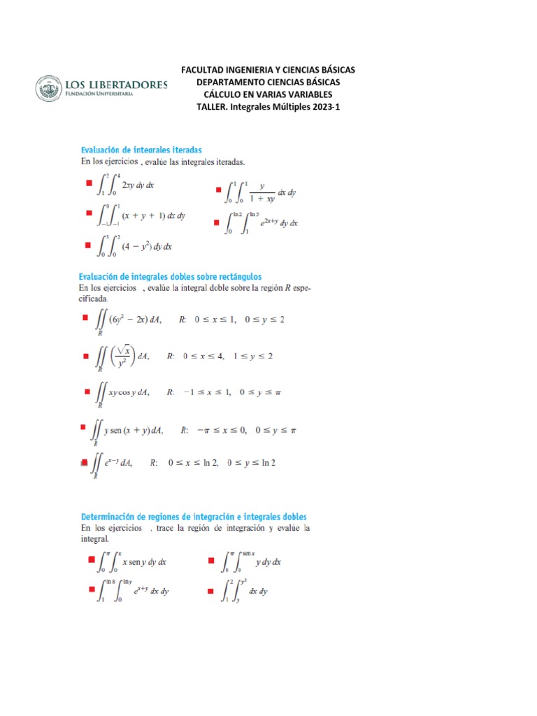 Taller 4. Integrales Múltiples (Regiones Rectangulares y Generales ...