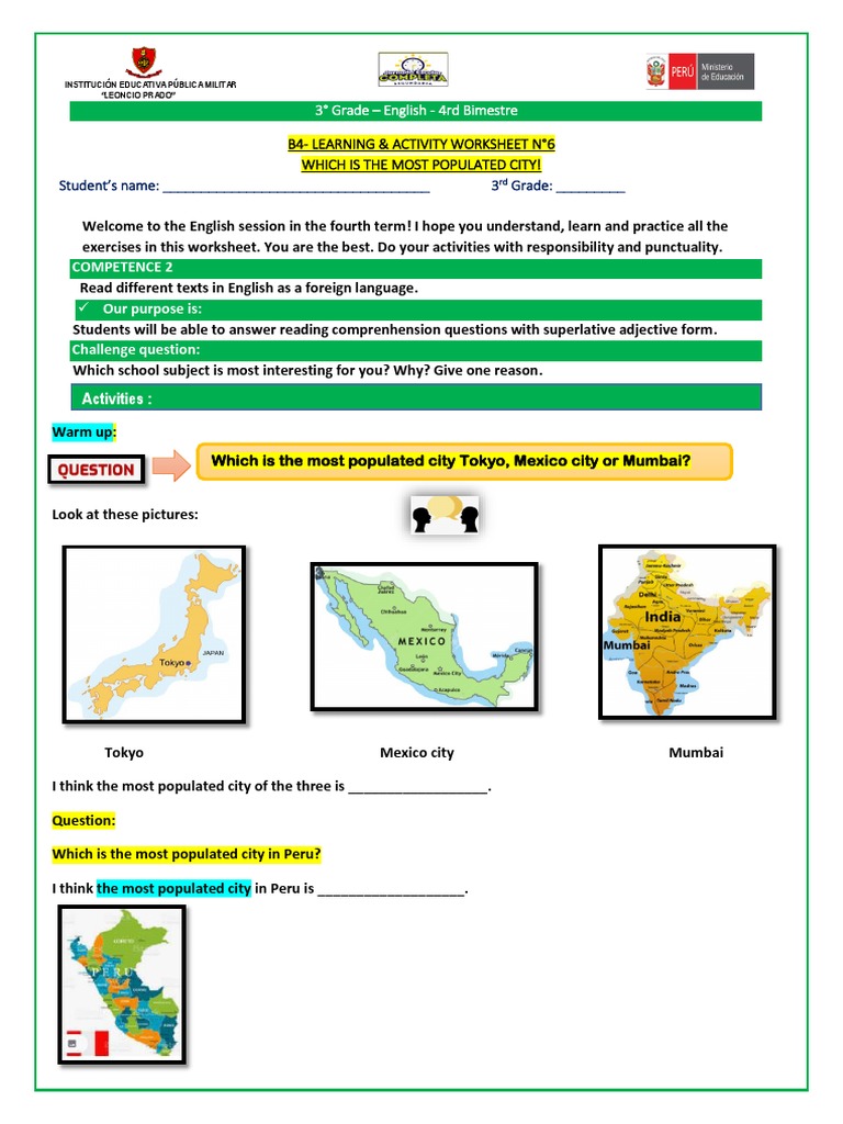 Most Populated Cities Worksheet | PDF | Linguistics | Cognitive Science