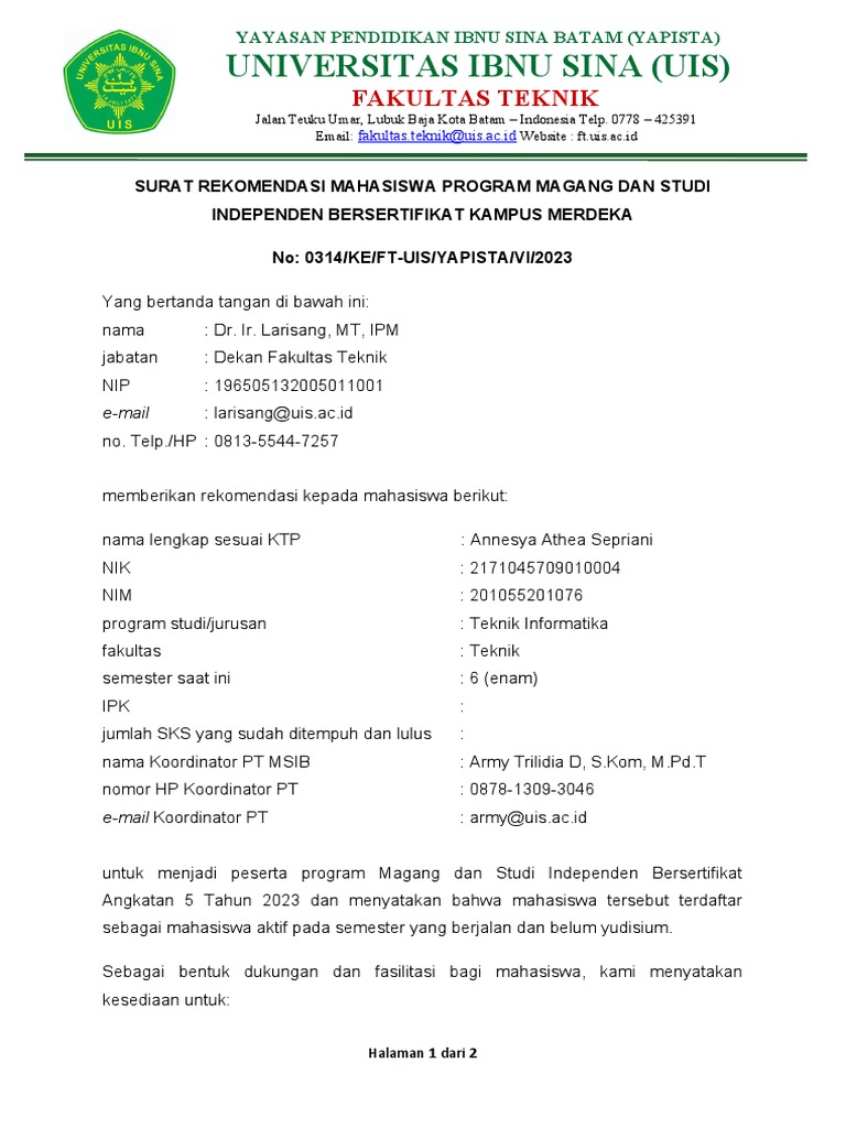 (Format) Surat Rekomendasi PT Untuk Mahasiswa Program MSIB Angkatan 5 | PDF