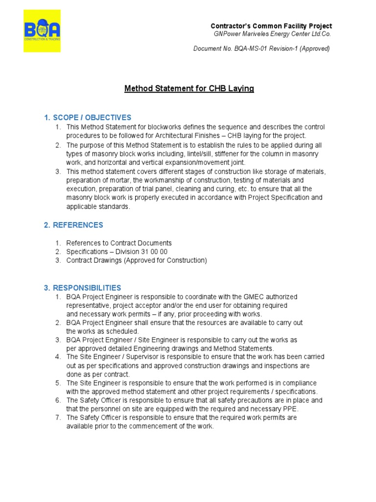 Method Statement For CHB Laying | PDF