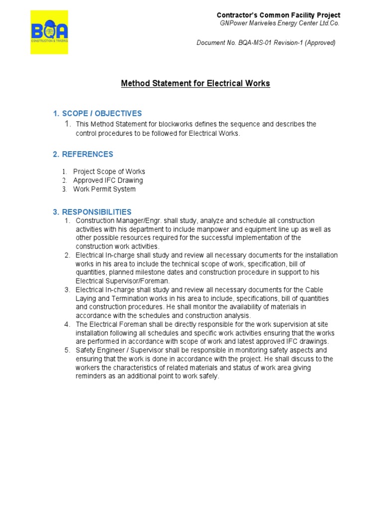 Method Statement For Electrical Works | PDF