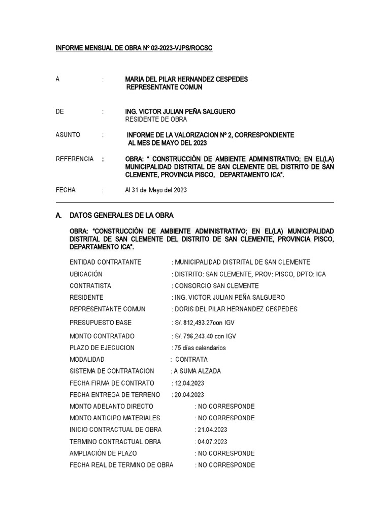 Informe Mensual de Obra #02 Mayo 2023 | PDF