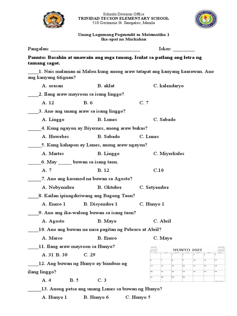 1st SUMMATIVE TEST Math 4th QUARTER | PDF