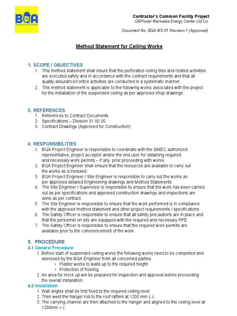 Method Statement For Ceiling Works | PDF