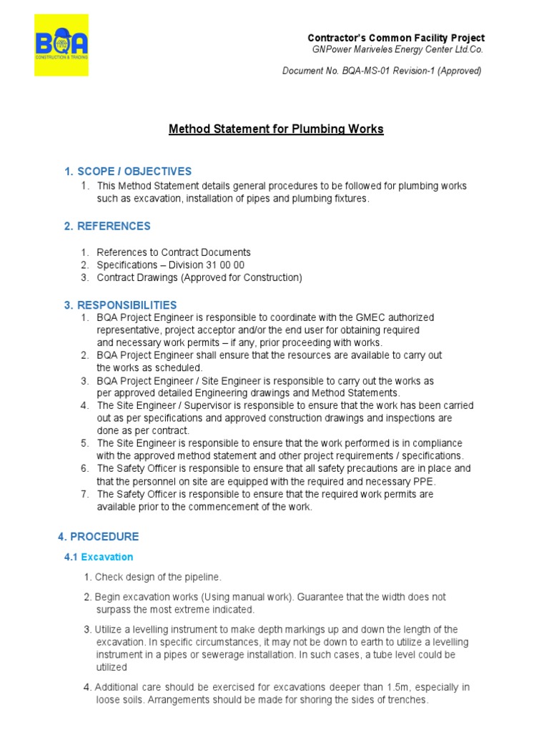 Method Statement for Plumbing Works | PDF | Plumbing | Pipe (Fluid ...